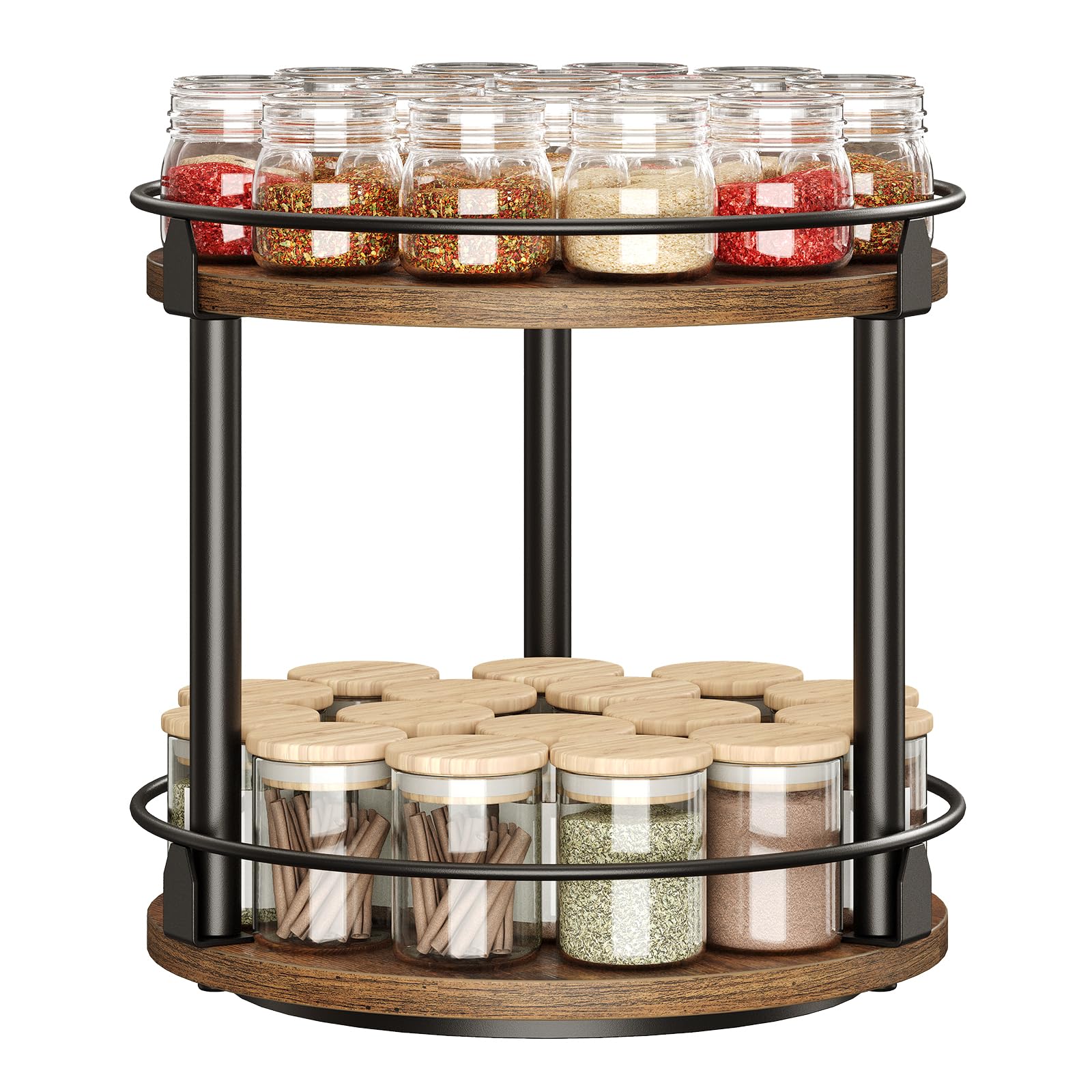 YATINEY Lazy Susan Organizer, Rotating Spice Rack, 2 Tier Spice Turntable Organizer, Industrial Turntable Spice Holder, for Kitchen Countertop and Cabinet, Compact and Versatile, Rustic Brown SR22BR