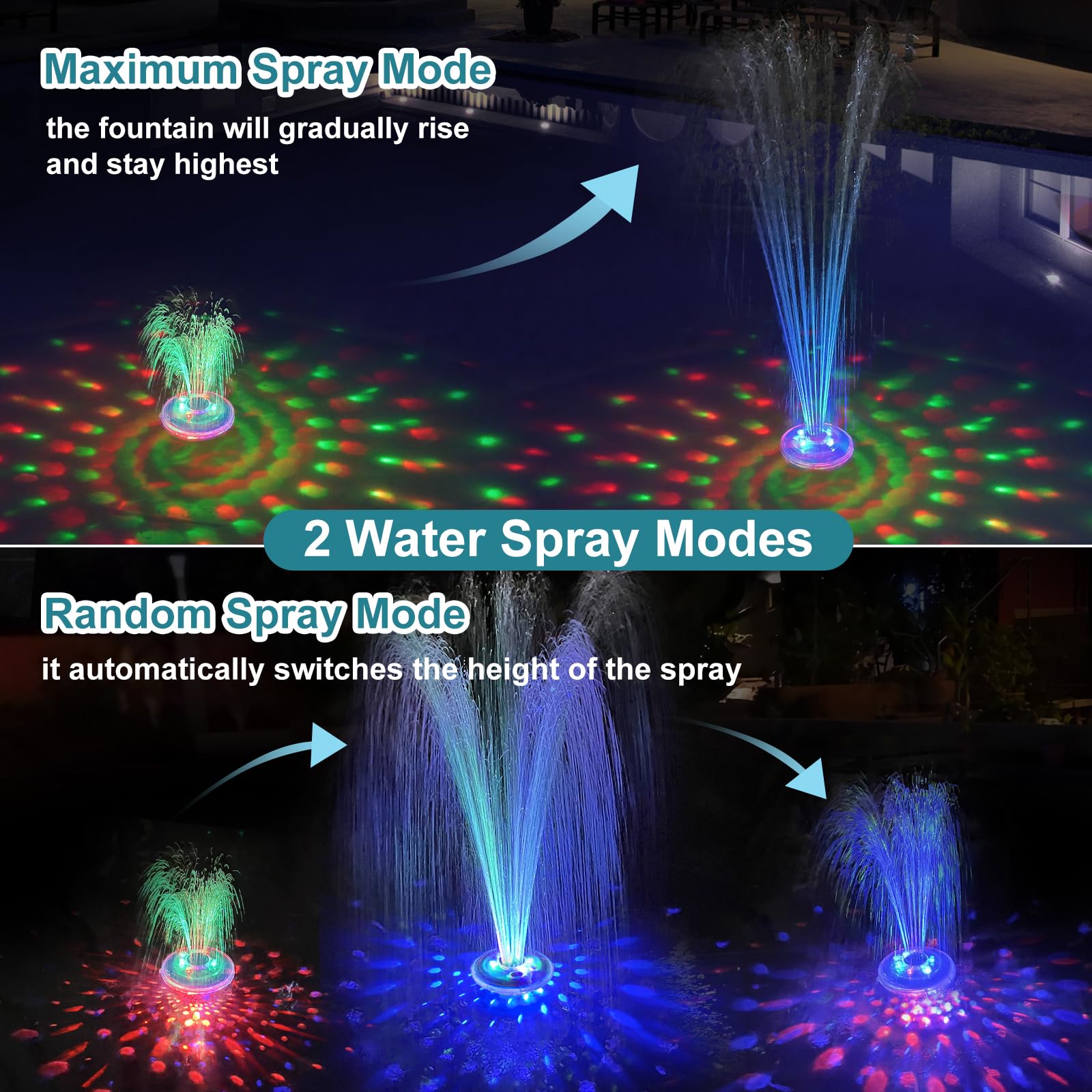 ChlorStar Floating Pool Fountain with Underwater Light Show,Pool Water Fountain Pump for Pond With Rechargeable Battery Powered,2 Modes Spray Pool Waterfall Fountain for Inground Above Ground Pool-1pc