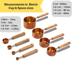 Copper Stainless Steel Measuring Cups and Spoons Set of 8, Wooden Handle with US Measurements, Metric Cups and Spoons for cooking and baking