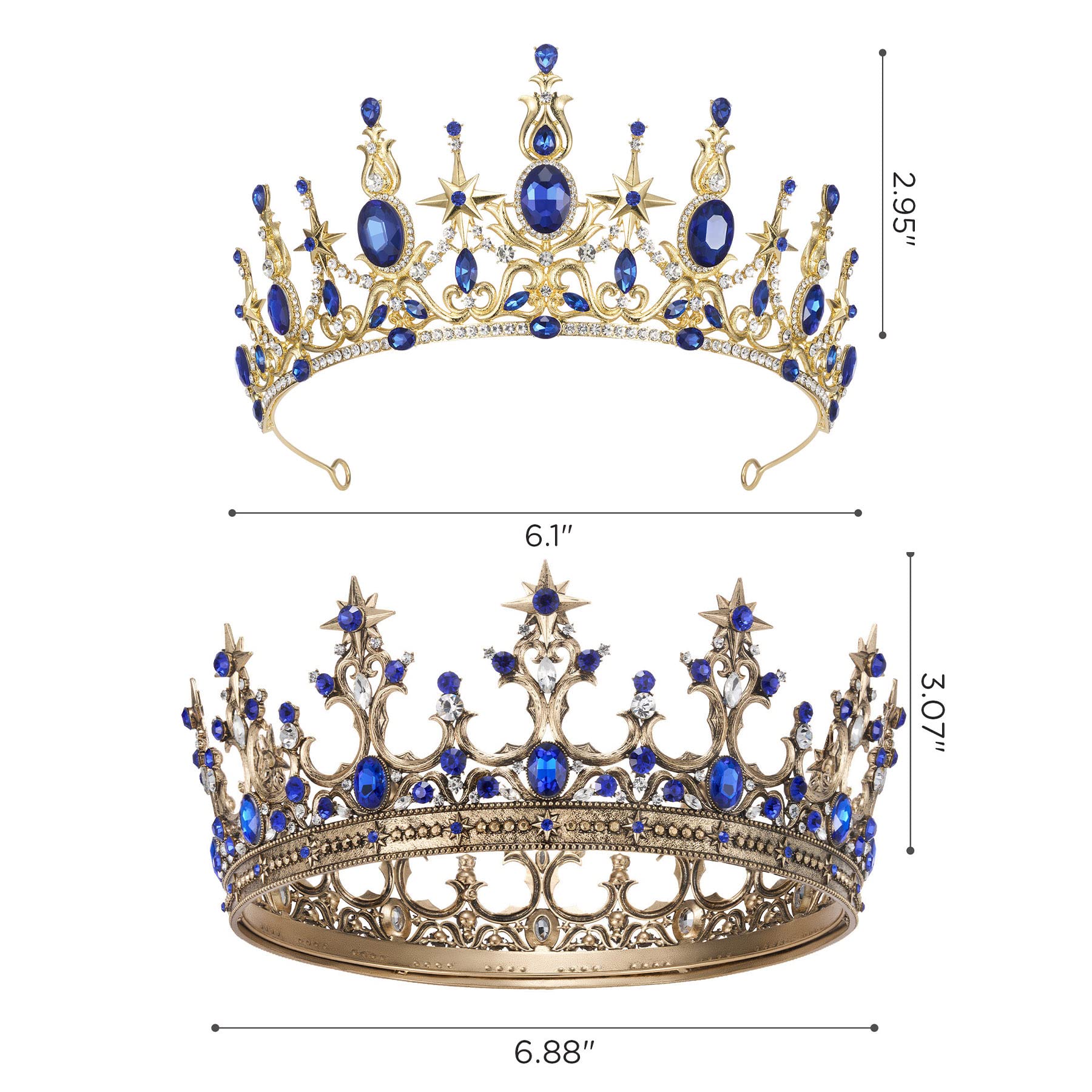 SWEETV Couple Crowns for Women & Men,Crystal Queen Tiara King Crown Set,2-Pack Gold Blue Medieval Hair Accessories for Prom Wedding Photo Shoot Birthday