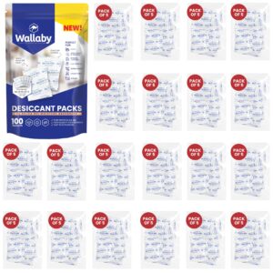 wallaby 2 gram (100 packets) food safe pure white silica gel desiccant dehumidifier packs - rechargeable & coated moisture absorbers - protects against moisture damage - (packed in 20x sets of 5)