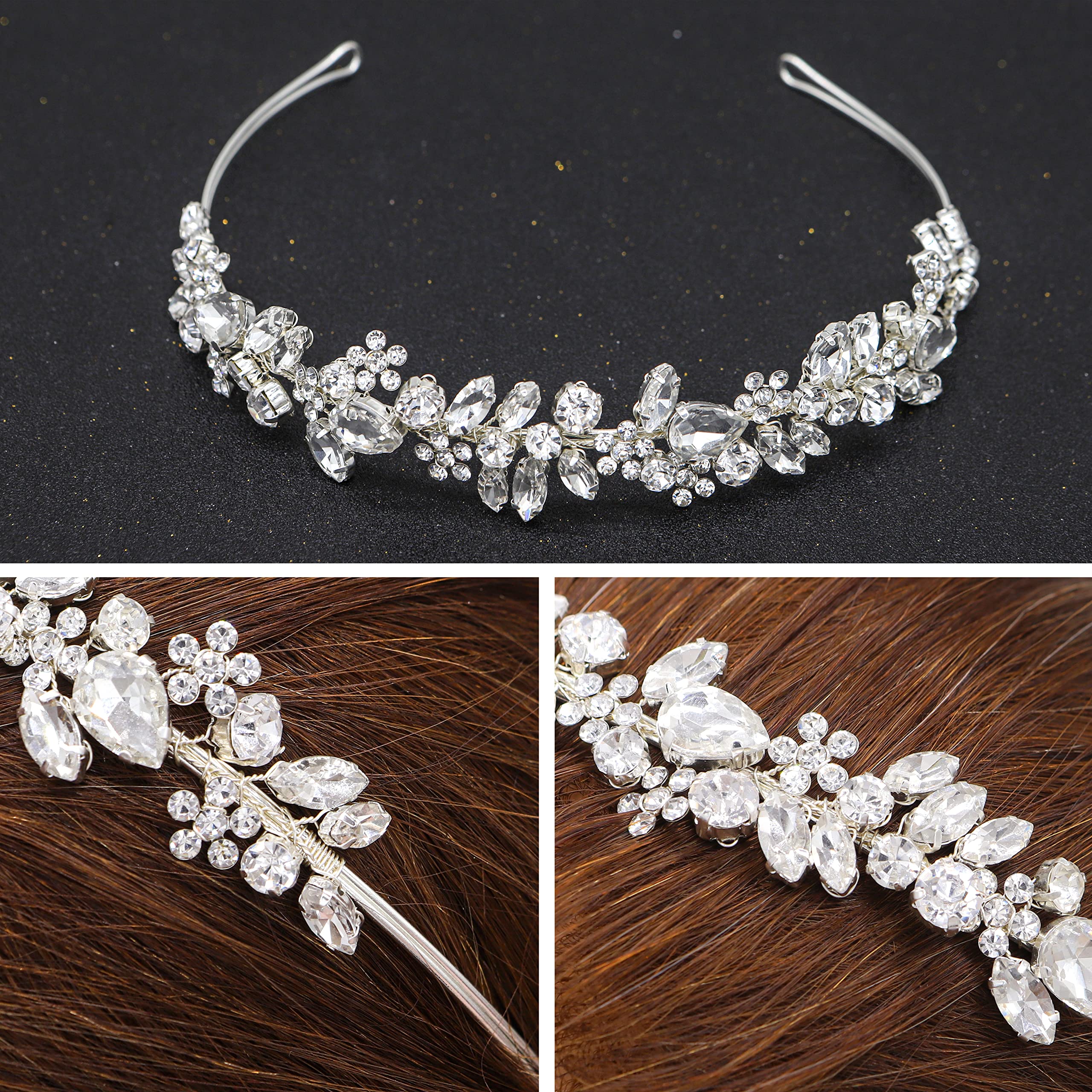 Oriamour Crystal Wedding Headbands Handmade Bridal Headpieces For Bride Flower Girl Wedding Hair Accessories For Bridesmaids Prom Party (Silver)