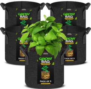 utopia home 5 pack 5 gallon grow bags, 300g thickened nonwoven plant fabric pots for outdoor, grow pots, garden plant bags, aeration fabric planter bags for fruits, vegetables and flowers