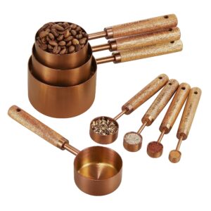 copper stainless steel measuring cups and spoons set of 8, wooden handle with us measurements, metric cups and spoons for cooking and baking