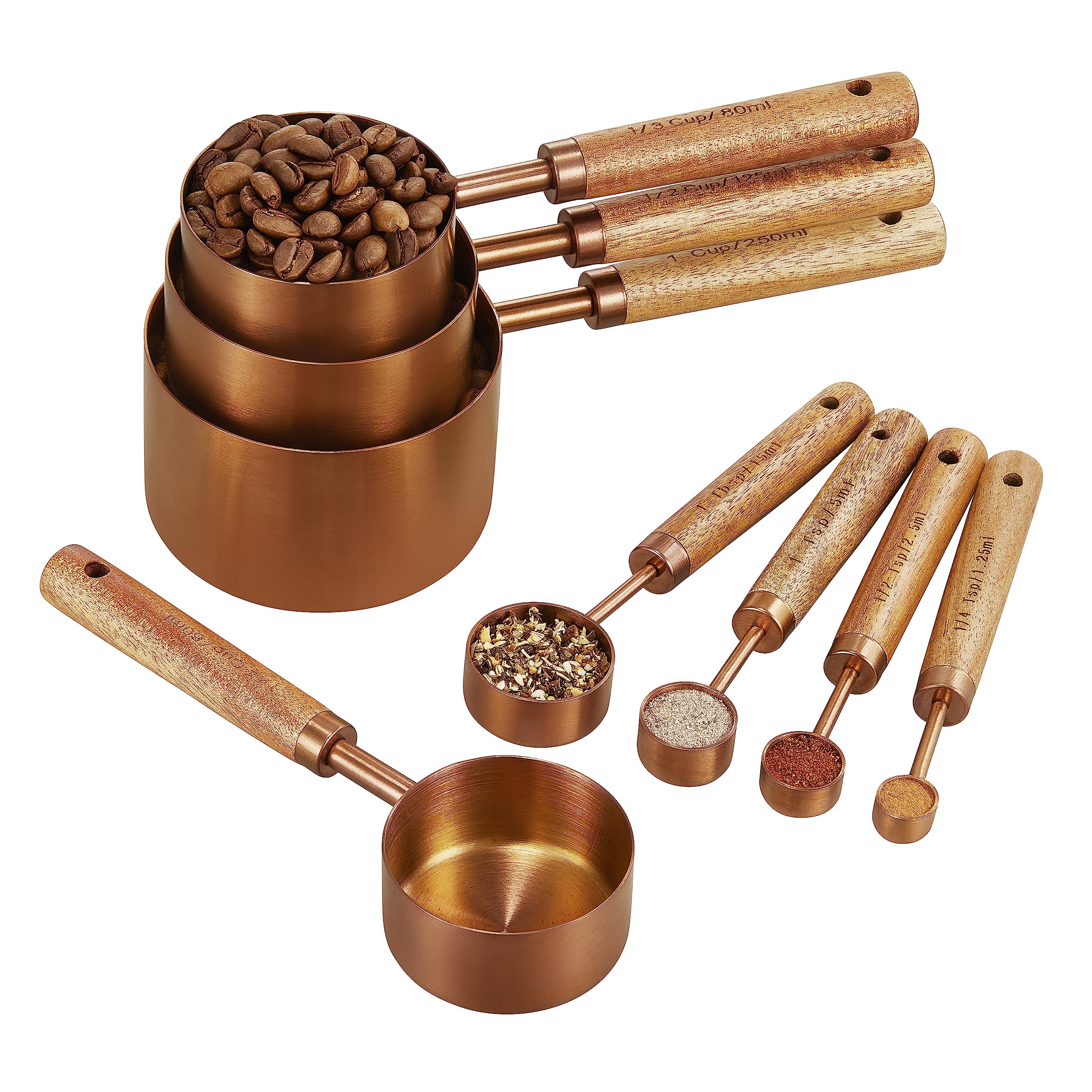 Copper Stainless Steel Measuring Cups and Spoons Set of 8, Wooden Handle with US Measurements, Metric Cups and Spoons for cooking and baking