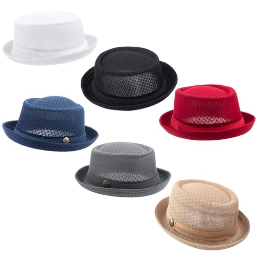 6Pcs Summer Mesh Pork Pie Hat Beach Party Fedora Cap Boater Porkpie Breaking Bad Flat Hat for Men Women Straw