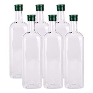 B SEPOR 6 Pack 1000ml Clear Quadra PET Empty Bottles 1 Quart Olive Oil Plastic Bottle with Caps (33.8 Fl Oz) - Long Neck Square Wine Bottles for Plant Watering Globe