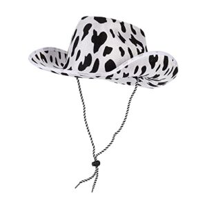 toporty cow print cowboy hat white and black felt hat with adjustable lanyard cowboy style hat for men and women