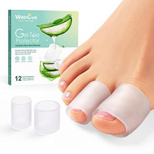 welnove toe protectors – 12-pack aloe vera extract infused silicone toe sleeve toe covers for hammer toes, corns, calluses, blisters – soft gel protector toe cushions for pain relief (multi-size)