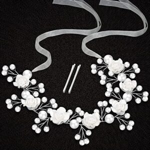 tanfeine wedding hair accessories for kids, princess headpiece white flower headband with pearls for communion