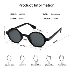 VANLINKER Round Polarized Sunglasses for Men Women Hippie Costume Sun Glasses 90s Circle VL9699 with Black Frame Grey Lens