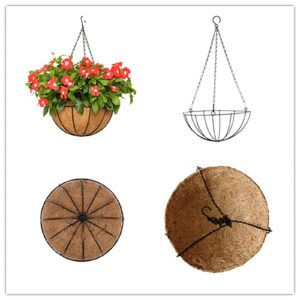 8 inch Metal Hanging Baskets For Plants Outdoor 4 Pack Round Metal Wire Hanging Basket Planter with Coco Fiber Liners Chain Round Wire Plant Holder for Garden, Patio, Deck, Porch Plants Flower Potss