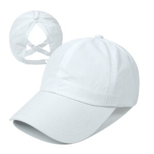 uttpll womens criss cross baseball cap adjustable high messy bun ponycap quick dry hat outdoor running sports hats white one size