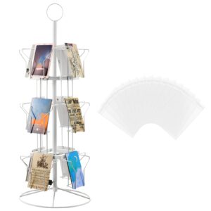 12 pockets countertop rotating greeting card rack with 200 clear resealable polypropylene bags 3 tier metal display stand spinning floor stand pocket rotating holder for stickers showcase (white)