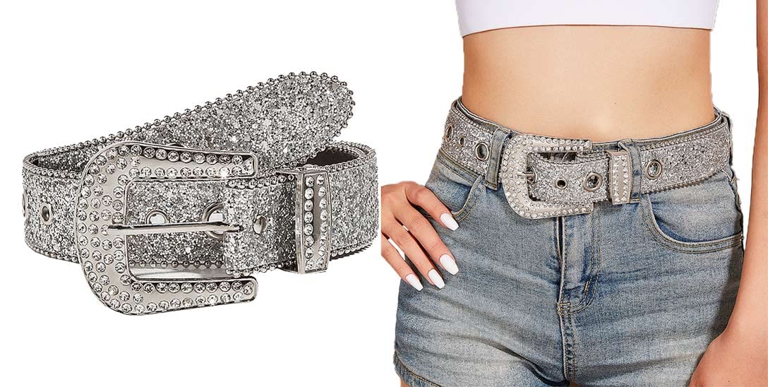 INOGIH Glitter Western Cowboy Style Rhinestone Belt Luxury Bling Bling Diamond Crystal Studded Belts for Jeans Pants Dress