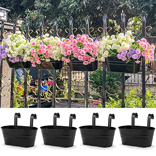 OGIMA 4pcs Large Hanging Flower Pots, Metal Iron Wall Planter Indoor/Outdoor for Railing Fence Balcony Garden Home Decoration with Detachable Hooks