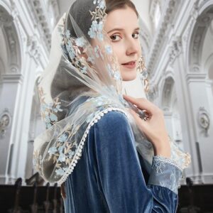 YuRongsxt Lace Infinity Chapel Veil Mantilla Veil Multicolored Embroidered Cherry Blossom Style Latin Mass M7 (Marian Blue+Pale Gold)