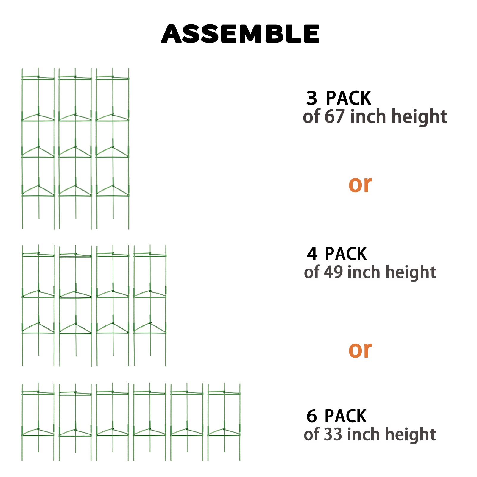 Megidok Tomato Cages - Garden Plant Stakes Support (4 Pack 49"/3 Pack 67") with 164ft Plant Ties&40Pcs Plant Clips&4 Watering Drip Devices for Climbing Plants Vegetable