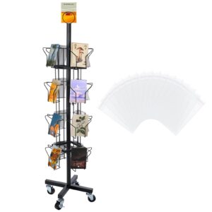 queekay 16 pockets 4 tiered greeting card display rack stand portable literature magazine rack and 200 fit 5 x 7 inch clear greeting card plastic sleeves for thrift store grocery retail(black)