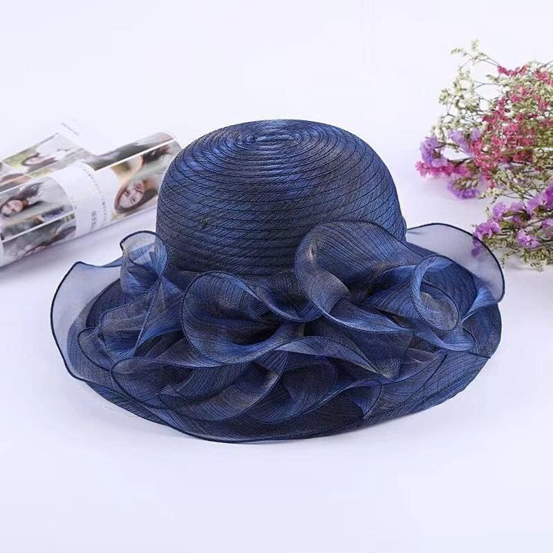 Women Organza Derby Sun Hat,Kentucky Fascinator Cocktail Tea Party Hat Flower Church Wedding Bridal Straw Caps Dark Navy