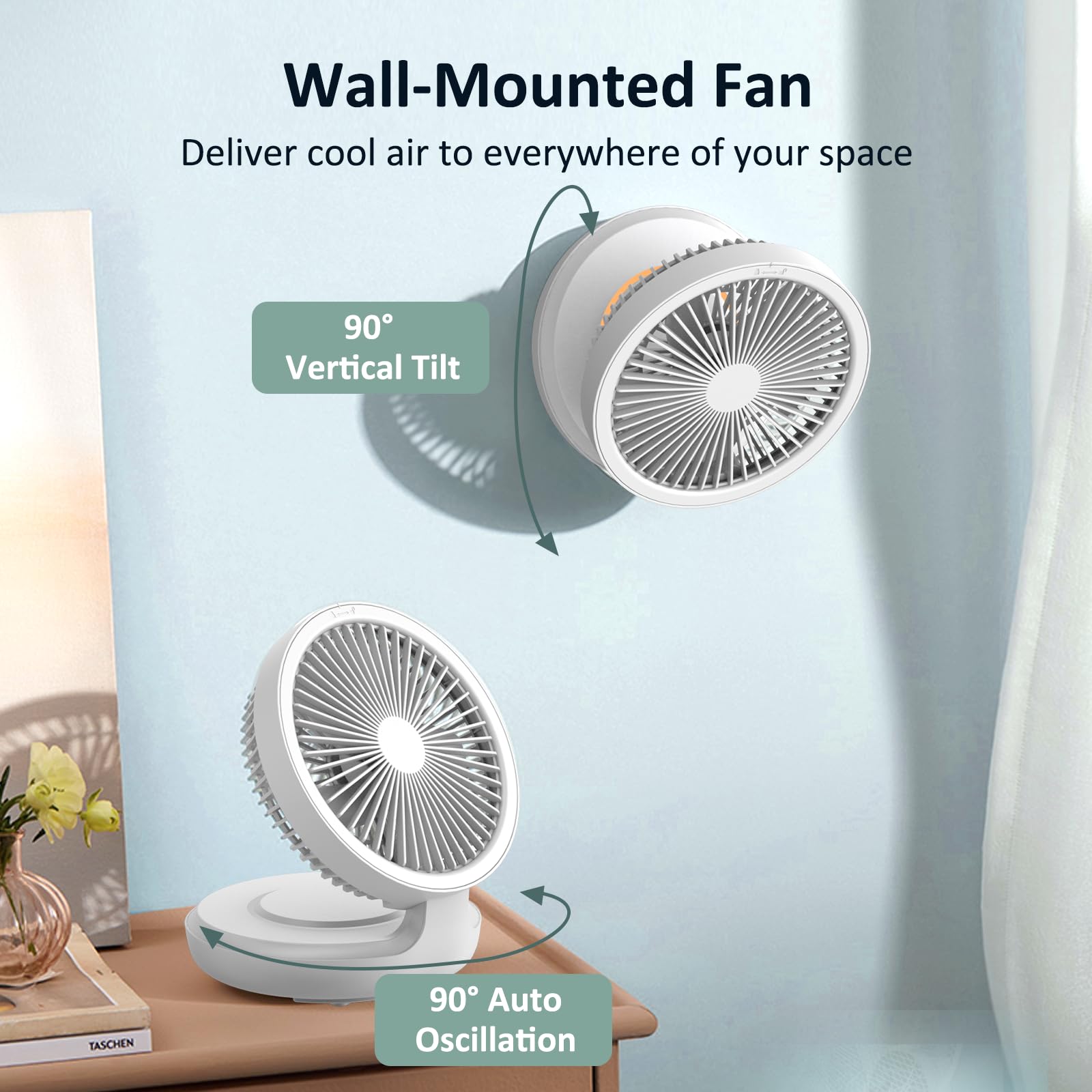 shinic Ultra Quiet Table Fan, Rechargeable Battery Operated Desk Fan with Auto Oscillation, 4 Speeds Portable Air Circulation Fan with Hook, Small Wall Fan for Bedroom Home Desktop Office, White