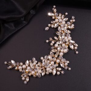 teyglen rhinestones pearl crystal large headband hair vine bridal flower headband wedding hair accessories hair piece gold headpieces for women(gold)