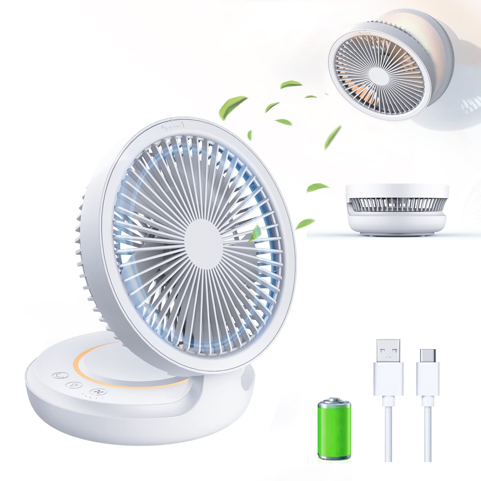 shinic Ultra Quiet Table Fan, Rechargeable Battery Operated Desk Fan with Auto Oscillation, 4 Speeds Portable Air Circulation Fan with Hook, Small Wall Fan for Bedroom Home Desktop Office, White