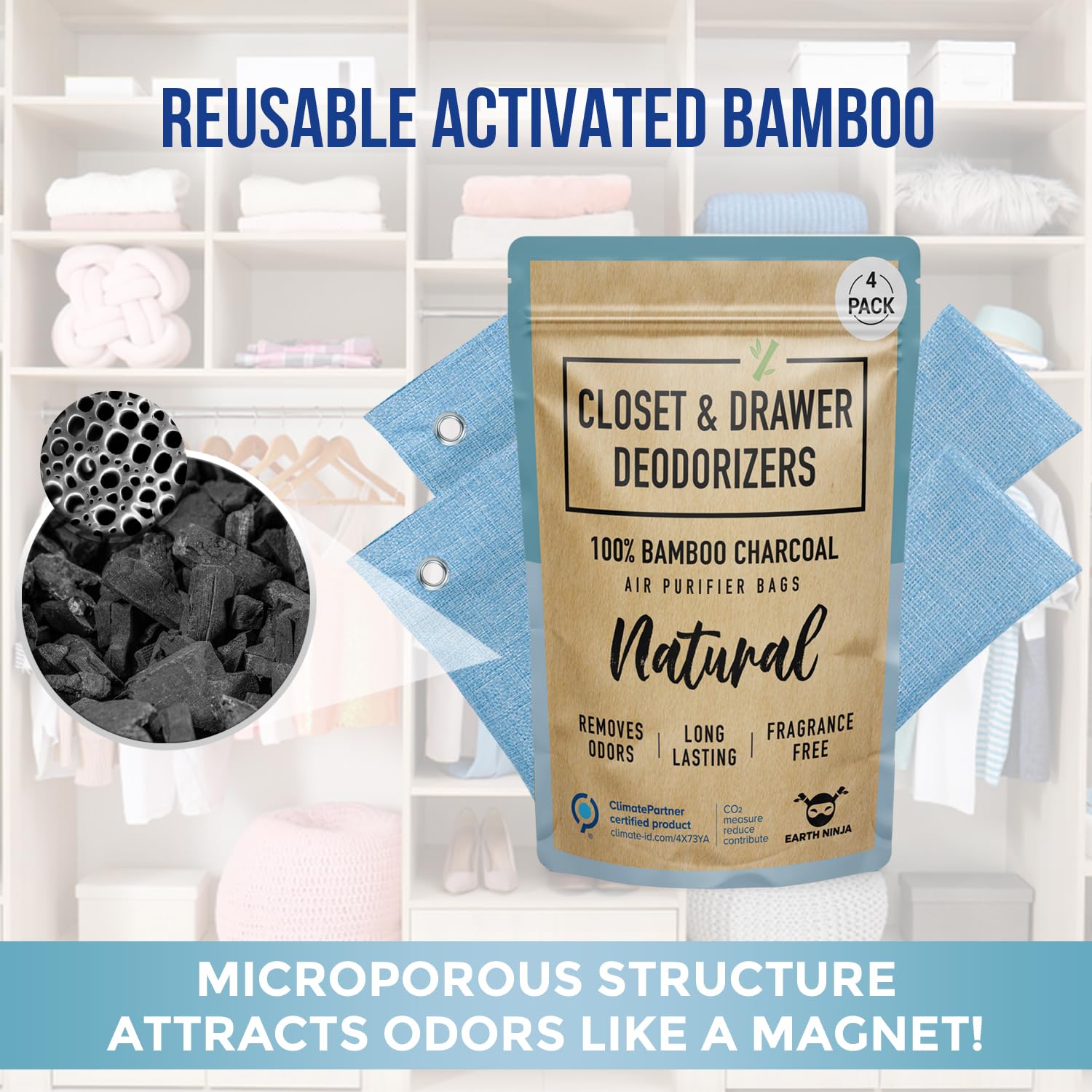 Closet and Drawer Deodorizer Bags (4 Pack) - Naturally Absorbs and Eliminates Closet Odors- 2 XL Closet Deodorizers and 2 Drawer Deodorizers - Unscented and Organic Charcoal Closet Odor Eliminator