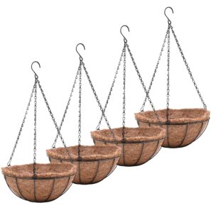 8 inch metal hanging baskets for plants outdoor 4 pack round metal wire hanging basket planter with coco fiber liners chain round wire plant holder for garden, patio, deck, porch plants flower potss