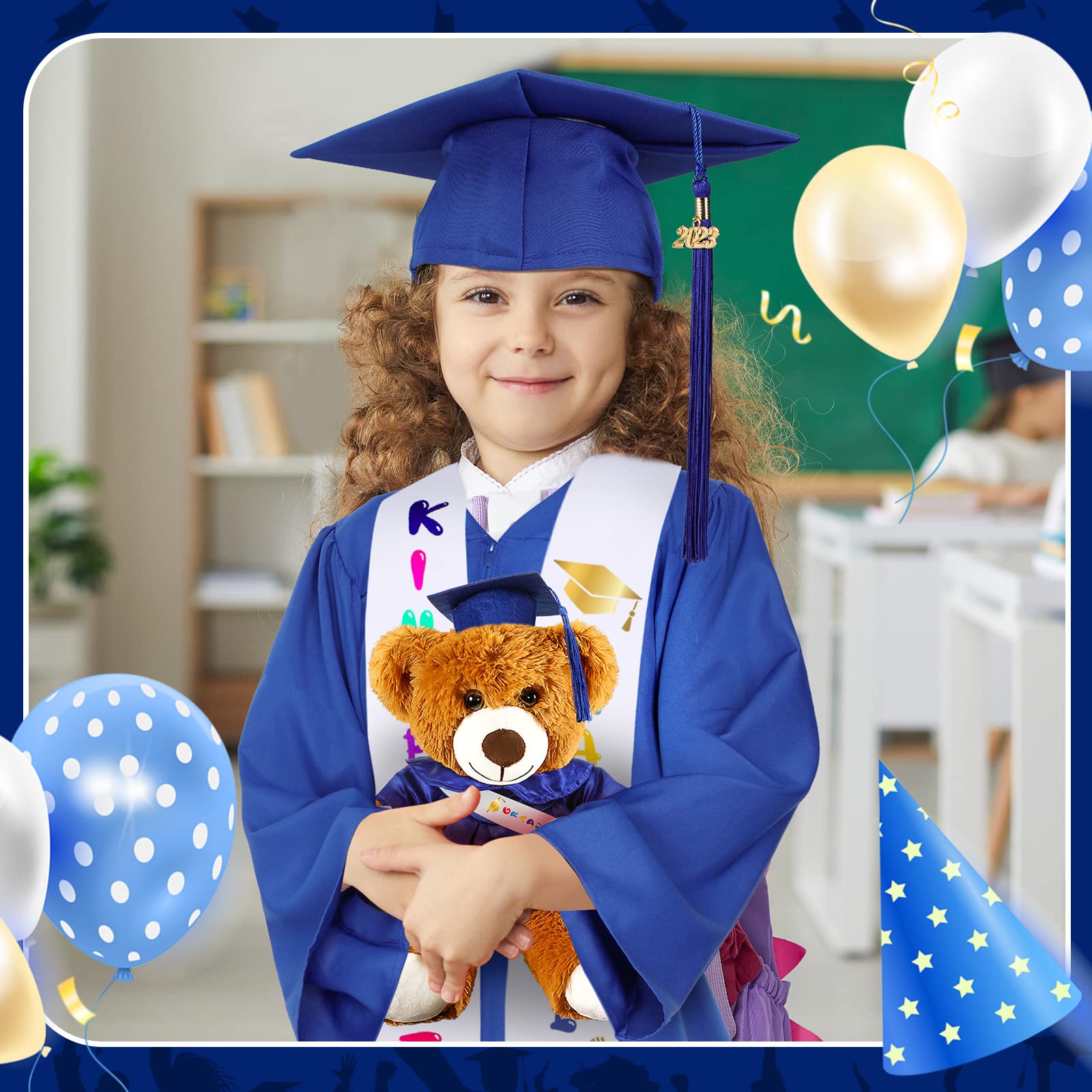 Silkfly 7 Pcs Unisex Matte 2024 Kindergarten Preschool Graduation Gown and Cap with Tassel Sash Plush Stuffed Bear Sets(Royal Blue, 30)