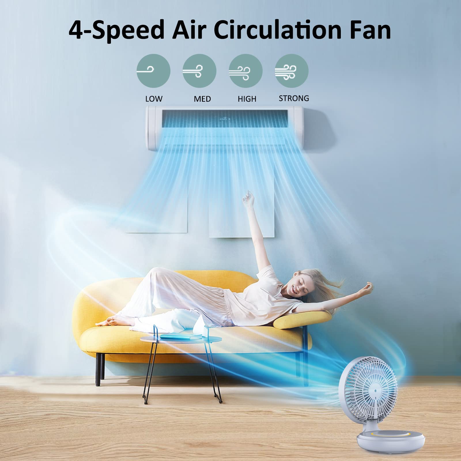 shinic Ultra Quiet Table Fan, Rechargeable Battery Operated Desk Fan with Auto Oscillation, 4 Speeds Portable Air Circulation Fan with Hook, Small Wall Fan for Bedroom Home Desktop Office, White