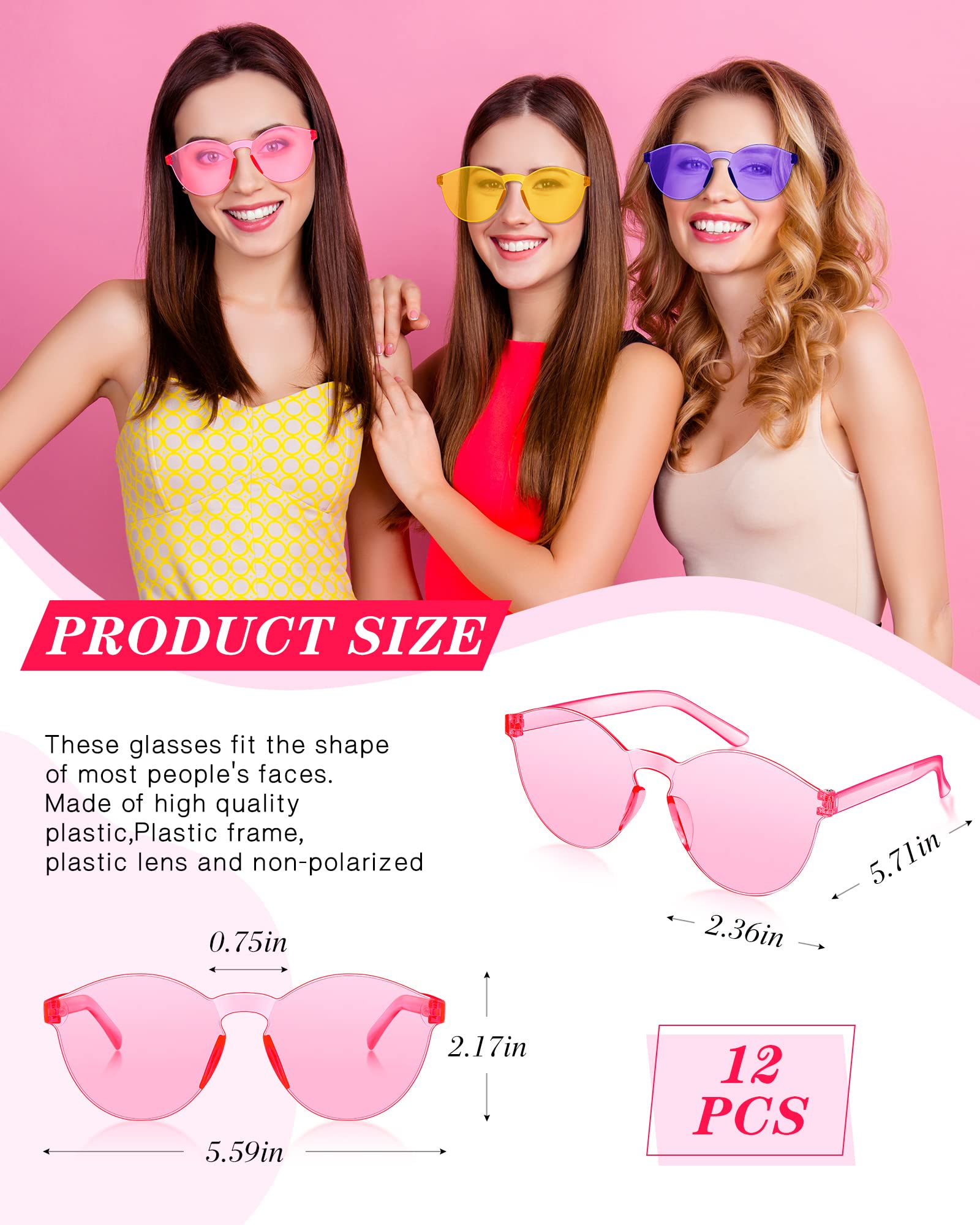 12 Pack Colored Glasses Round Rimless Sunglasses Transparent Candy Colored Sunglasses Tinted Eyewear Cool Sunglasses (Multi Color)