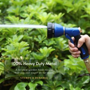 HOSUN Garden Hose Sprayer Nozzle 100% Heavy Duty Metal, Water Hose Nozzle with 8 Different Spray Patterns, High Pressure Hose Spray Nozzle for Watering Plant & Lawn, Washing Car & Pet Blue