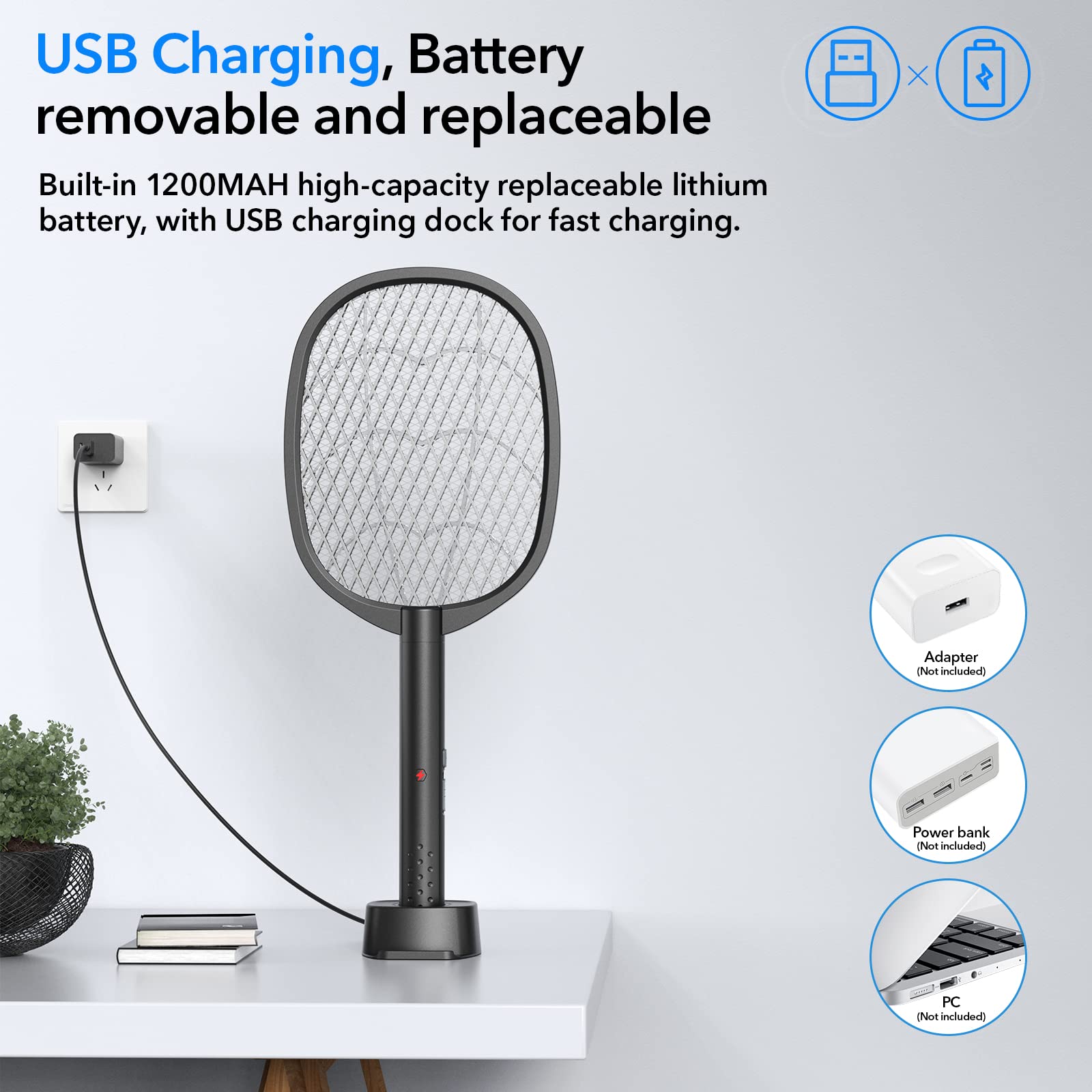 2 in 1 Electric Fly Swatter & Mosquito Zapper 4000V with USB Charging Base, Powerful Bug Zapper Racket Mosquito Swatter with 3 Layers of Safety Net Suitable for Indoor and Outdoor…