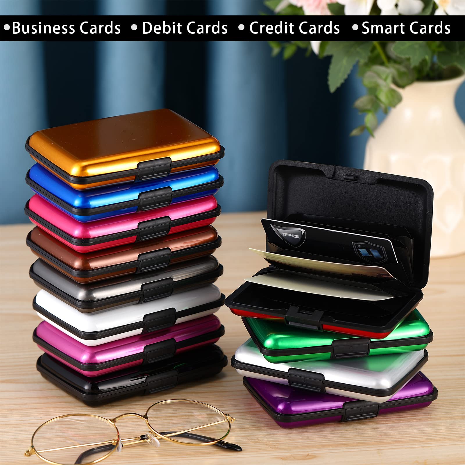 12 Pcs RFID Blocking Credit Cards Holder Mini Slim Aluminum Wallet Metal Business Card Case Credit Card Protector ID Hard Case for Women Men, Multicolor