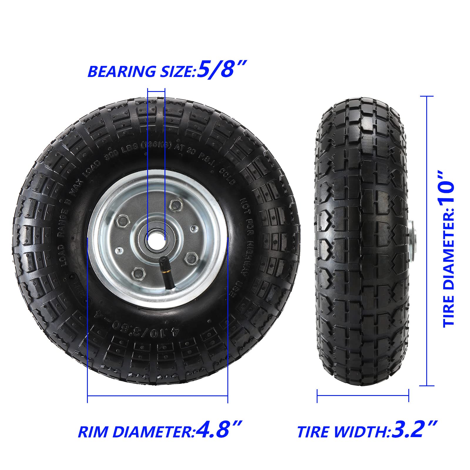 Yarlung 2 Pack 10 Inch Pneumatic Air Filled Tires on Wheels for Hand Truck, 4.10/3.50-4" Heavy-Duty Replacement Wheels Tires for All Purpose Utility Cart, Garden Cart, 2.25"Offset Hub, 5/8"Bearings