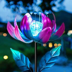 aiiny solar purple metal flower wind spinners, colorful spinning windmill lotus yard art lights wind pinwheels with led crystal ball decorative stake lighting flower sculpture