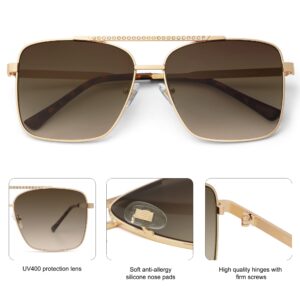 SOJOS Trendy Aviator Sunglasses Womens Oversized Retro Rhinestone Double Bridge Square Women Shades SJ1195 Gold Frame Coffee Lens