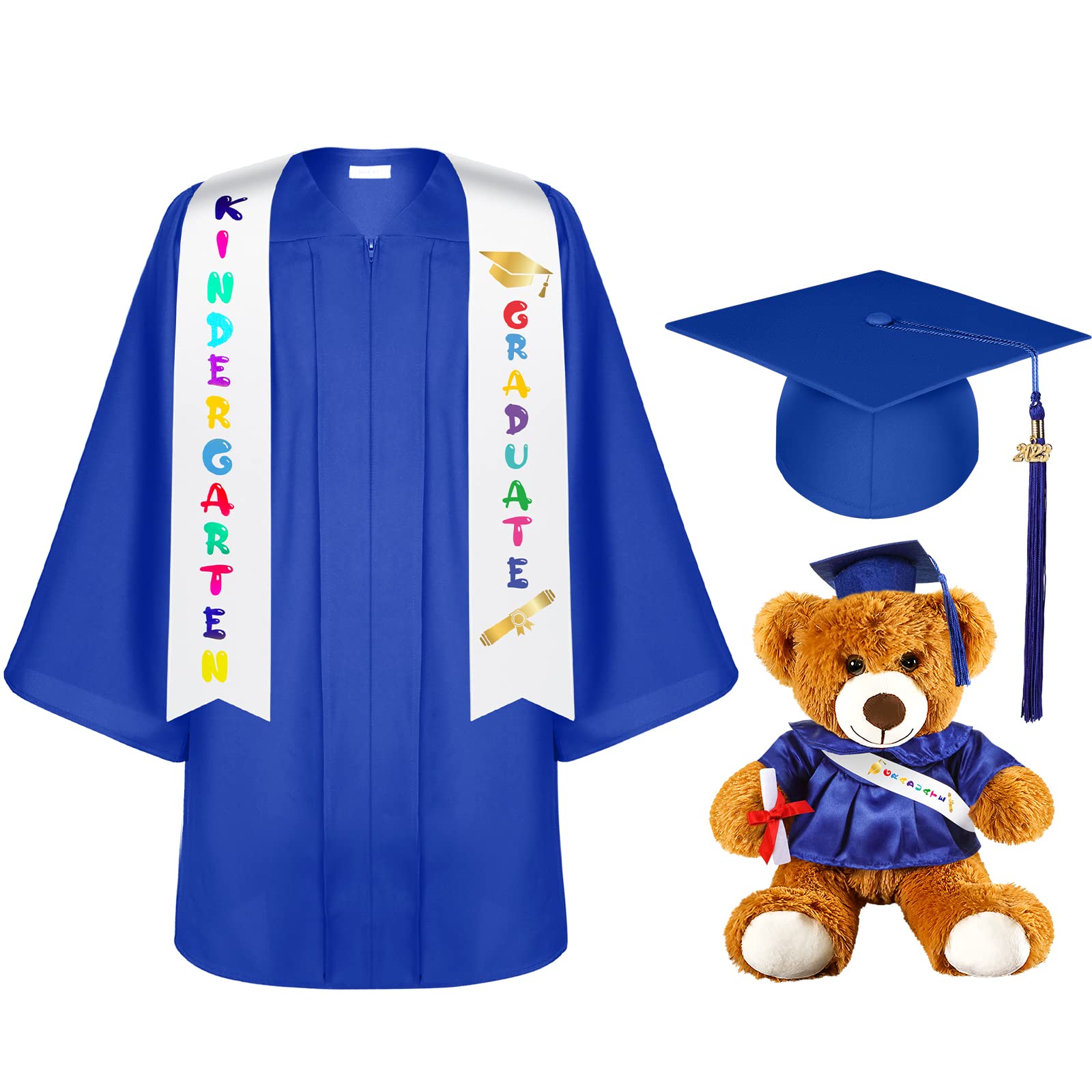 Silkfly 7 Pcs Unisex Matte 2024 Kindergarten Preschool Graduation Gown and Cap with Tassel Sash Plush Stuffed Bear Sets(Royal Blue, 30)