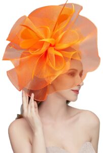 tlmnu sinamay fascinator hat floral feather pillbox derby hats for women wedding tea party with headband clip 01orange