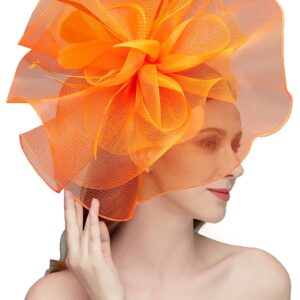 TLMNU Sinamay Fascinator Hat Floral Feather Pillbox Derby Hats for Women Wedding Tea Party with Headband Clip 01Orange