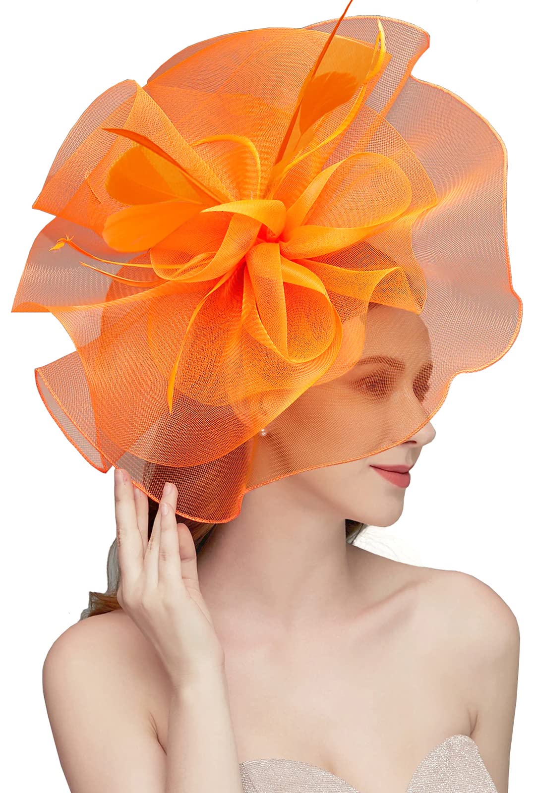 TLMNU Sinamay Fascinator Hat Floral Feather Pillbox Derby Hats for Women Wedding Tea Party with Headband Clip 01Orange