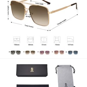 SOJOS Trendy Aviator Sunglasses Womens Oversized Retro Rhinestone Double Bridge Square Women Shades SJ1195 Gold Frame Coffee Lens