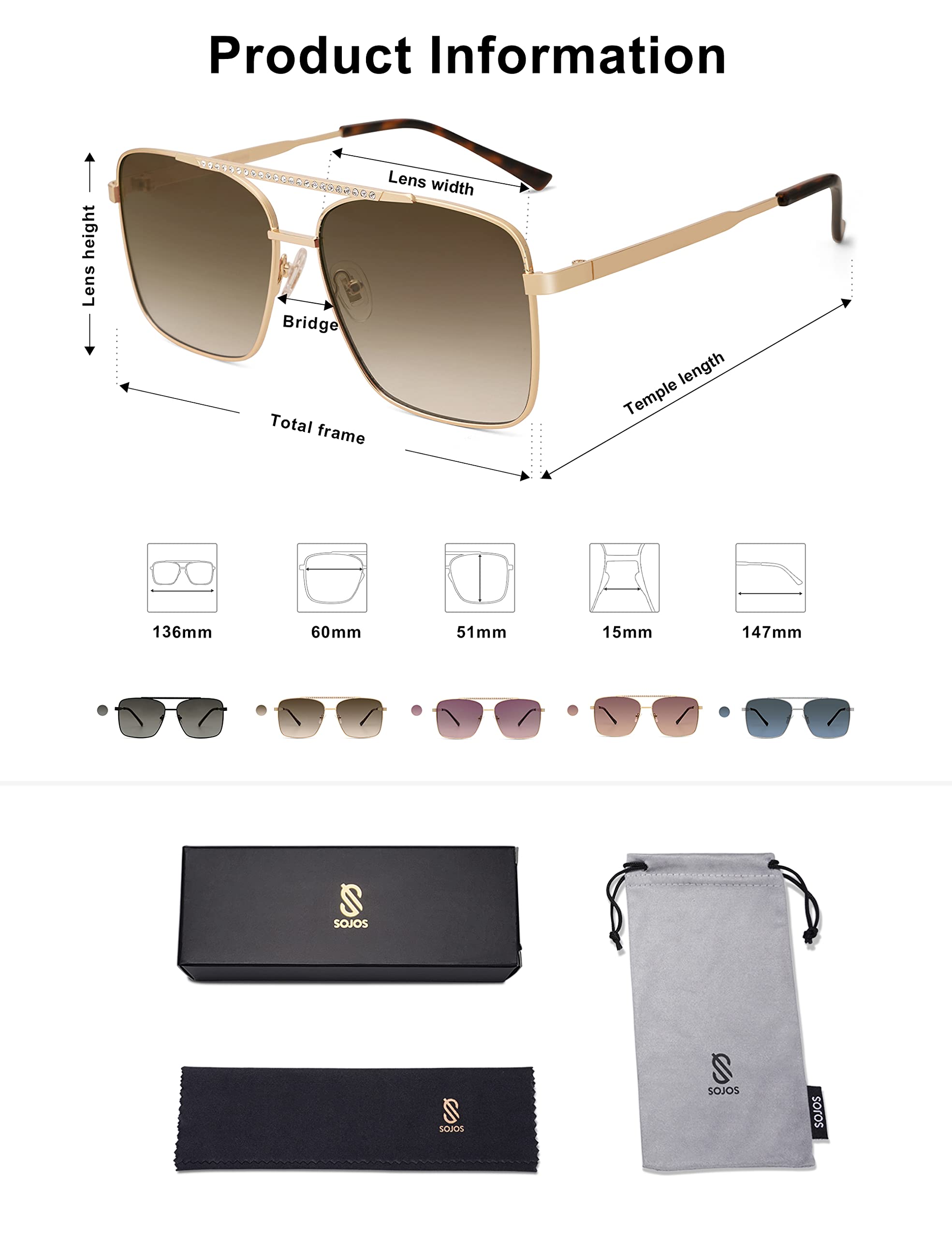 SOJOS Trendy Aviator Sunglasses Womens Oversized Retro Rhinestone Double Bridge Square Women Shades SJ1195 Gold Frame Coffee Lens