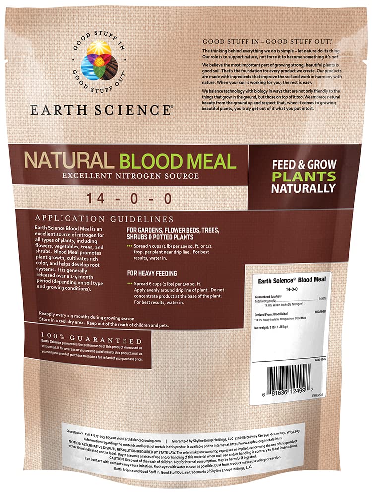 Earth Science – Natural Blood Meal Plant Food – Feed & Grow Plants Naturally – Activate Compost Piles – Vibrant Color –More Blooms and Bigger Harvests 3lb