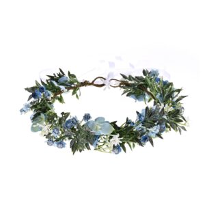 fleursun adjustable bridal flower crown boho hair wreath fairy accessories for women green leaf headband (a/blue green)