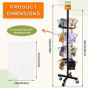 Queekay 16 Pockets 4 Tiered Greeting Card Display Rack Stand Portable Literature Magazine Rack and 200 Fit 5 x 7 Inch Clear Greeting Card Plastic Sleeves for Thrift Store Grocery Retail(Black)