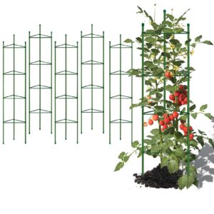 5ft 6-pack tomato cage support green garden plant sticks/stakes for climbing plants, vegetables, fruit, flowers