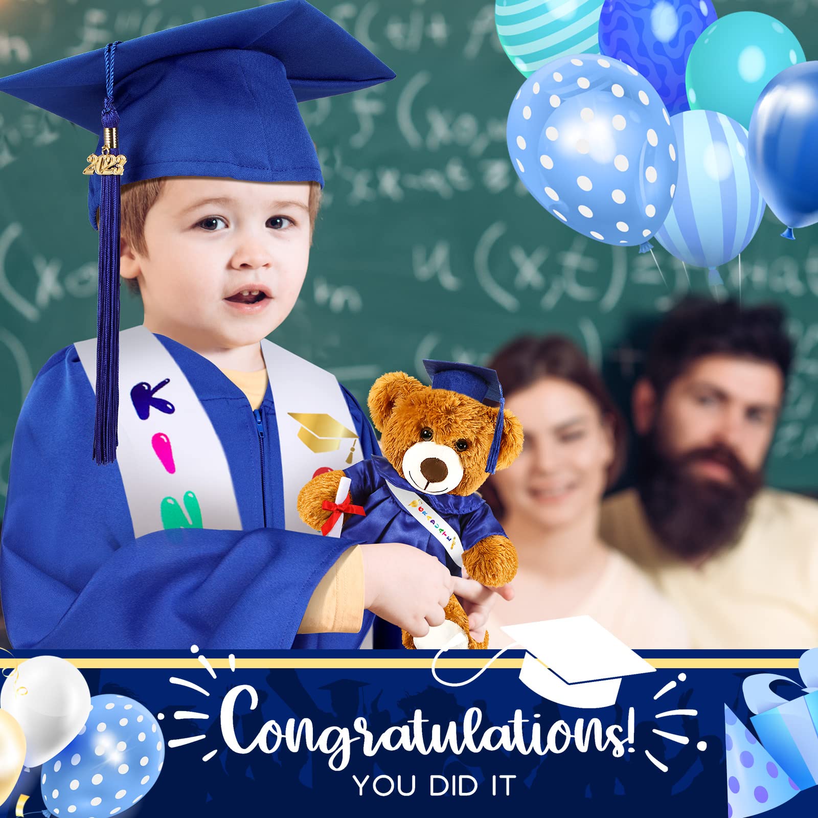 Silkfly 7 Pcs Unisex Matte 2024 Kindergarten Preschool Graduation Gown and Cap with Tassel Sash Plush Stuffed Bear Sets(Royal Blue, 30)