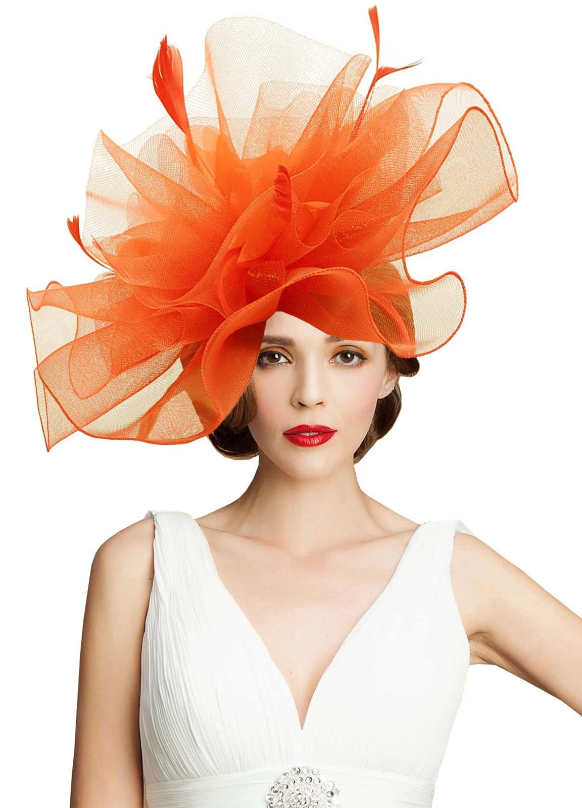 TLMNU Sinamay Fascinator Hat Floral Feather Pillbox Derby Hats for Women Wedding Tea Party with Headband Clip 01Orange